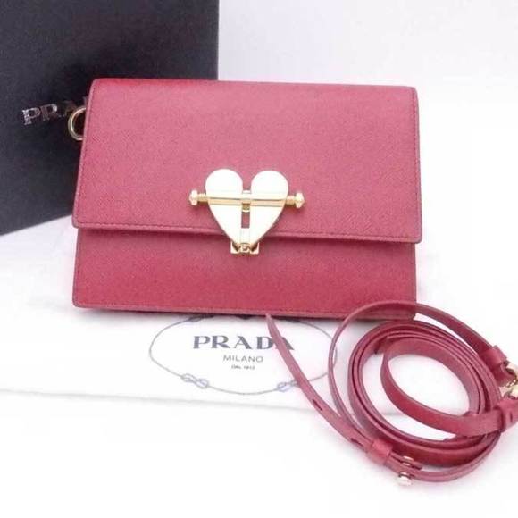 Prada | Bags | Prada Diagonal Shoulder Bag Leather Red Gold Ladies ...